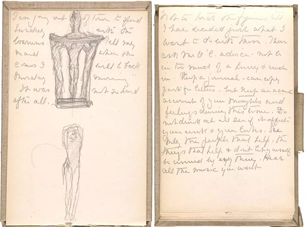 Mga sketch ug mga sinulat gikan sa usa sa mga sketchbook ni Gertrude Vanderbilt Whitney