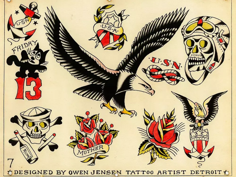 Tatoveringsflashkunst af Owen Jensen, med tilladelse fra Lyle Tuttle Tattoo Art Collection.