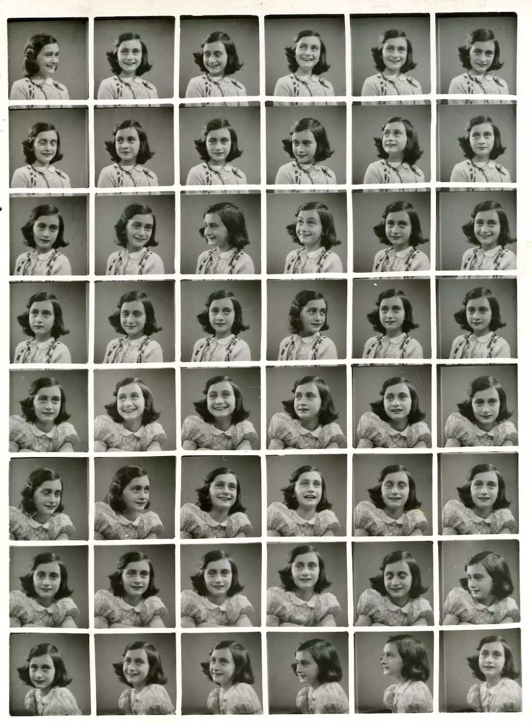 Лист 6 на 8 маленьких фотографий Фрэнка, сделанных в быстрой последовательности, где она улыбается, смеется и смотрит в разные стороны.