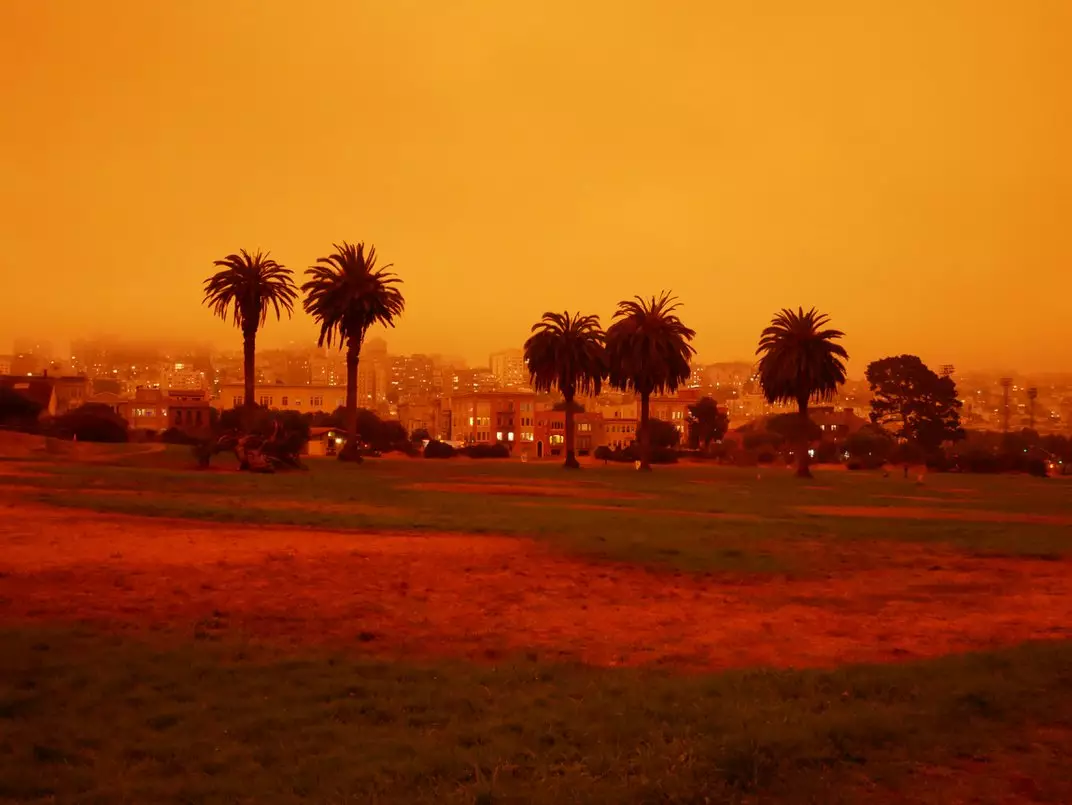 Pomarańczowe niebo okrywa Fort Mason Park w San Francisco.