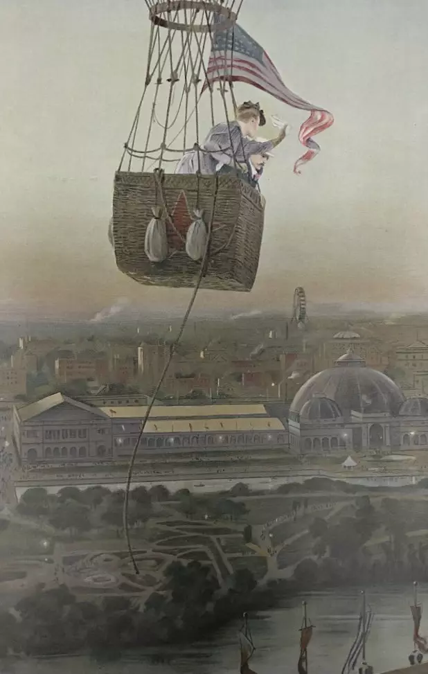 Книжкова ілюстрація двох людей на повітряній кулі над Всесвітньою виставкою.