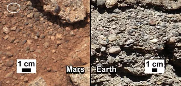 Ngabandingkeun outcrop konglomerat di Mars jeung struktur sarupa di Bumi.