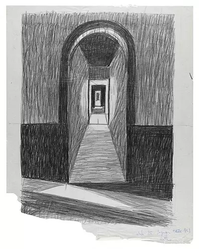 Bản phác thảo bằng bút chì của một hành lang với lối vào cong, ánh sáng và bóng đổ được thể hiện bằng các hình dạng hình học. Góc dưới cùng bên trái của bản phác thảo là tron.