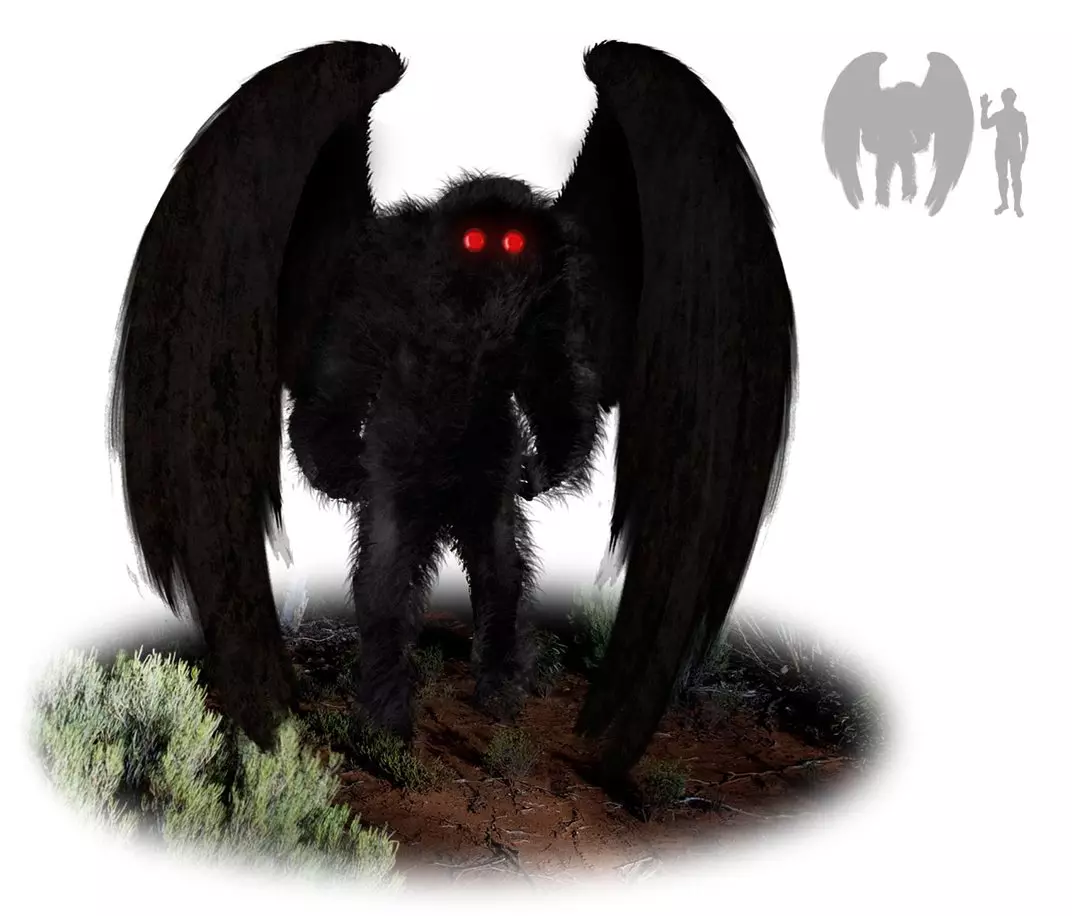 Debuxo dixital dunha figura humanoide escura con grandes ás e brillantes ollos vermellos. Na esquina superior dereita, en cor gris, a figura de Mothman en comparación cun humano adulto, mostrando que o humano é lixeiramente máis pequeno.