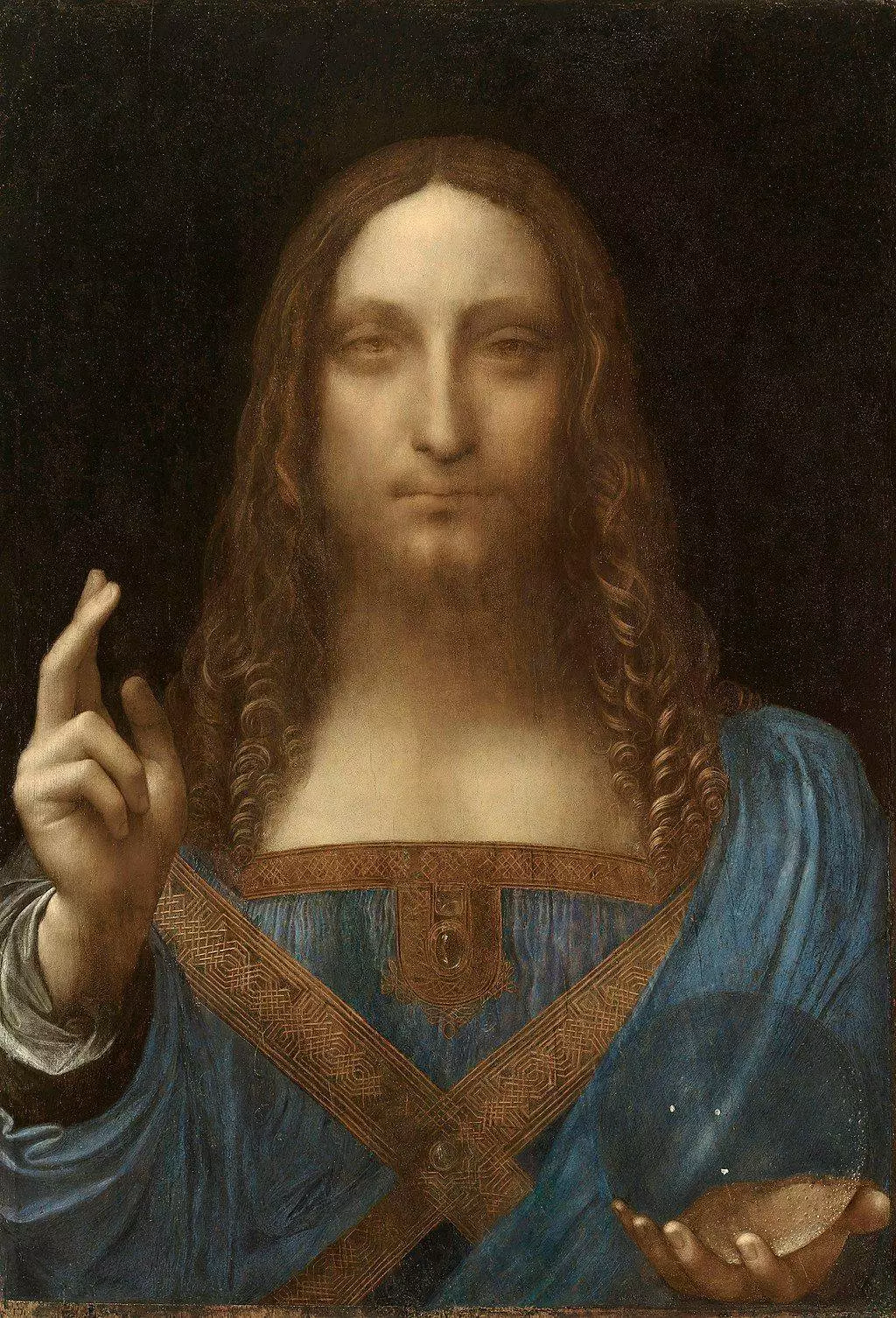 Salvator Mundi, wahrscheinlich von Leonardo da Vinci, zeigt Jesus Christus, der seine rechte Hand hebt und eine Glaskugel in seiner linken hält