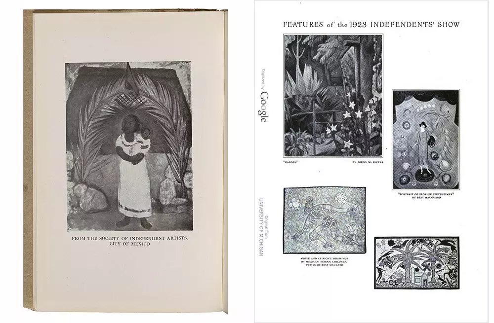 Halaman tina katalog 1923 Society of Indpendent Artists nampilkeun lukisan ku Diego Rivera sareng halaman tina majalah International Studio anu nampilkeun gambar tina paméran SIA.