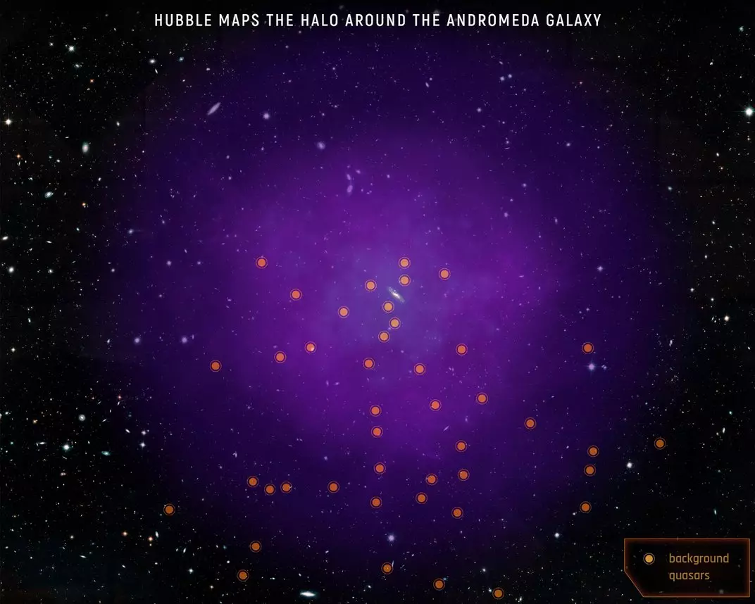Фіолетова хмара, яка показує газоподібний ореол Андромеди, з 43 яскраво-помаранчевими точками, розкиданими по всьому, вказують на квазари, які вчені використовували, щоб дізнатися більше про розмір, структуру та склад гало.