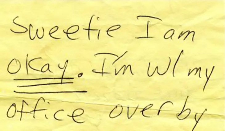 Výňatek z ručně psané poznámky Darie Gaillardové jejímu manželovi Frankovi ze dne 11. září 2001 (NMAH)