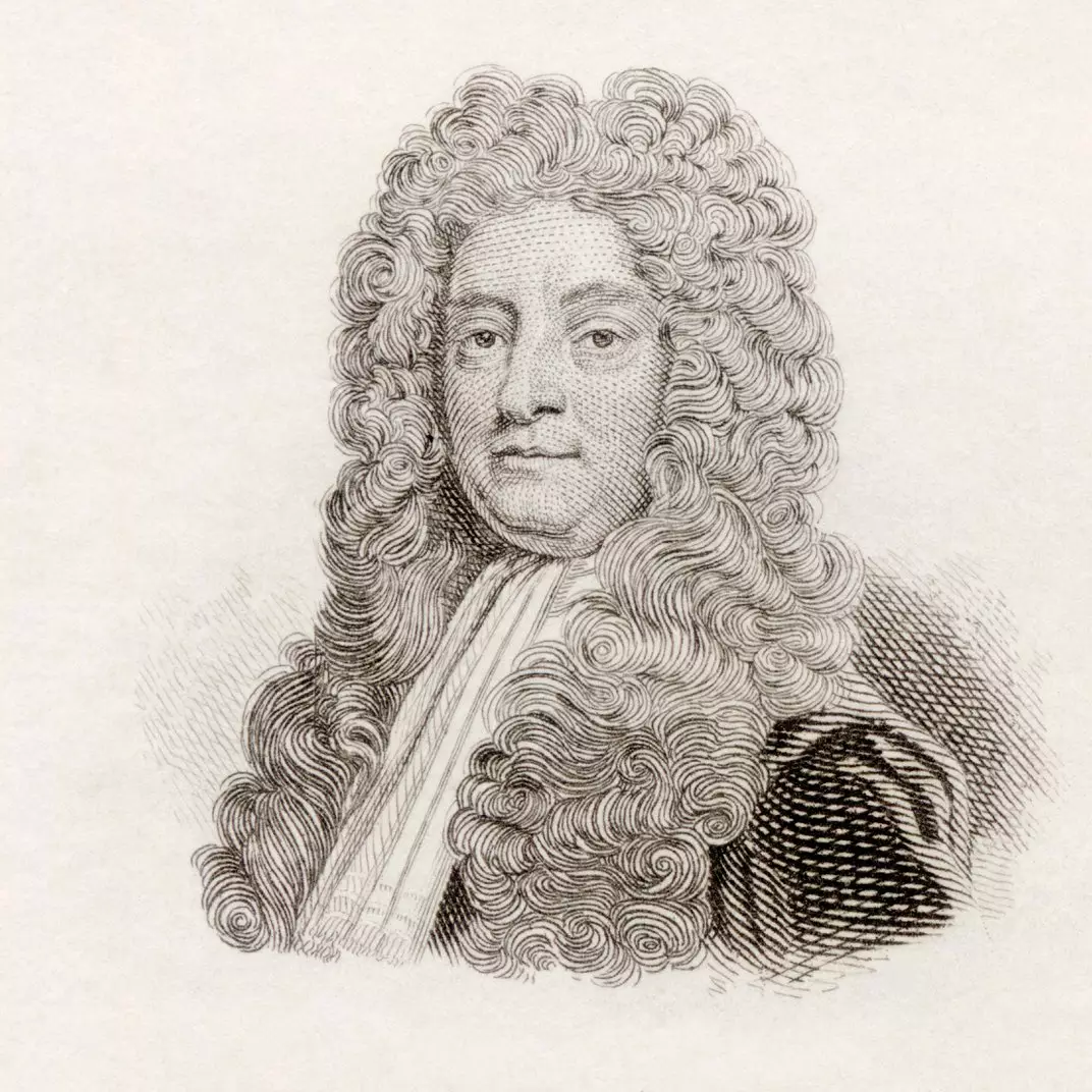 Une gravure de Sloan, qui est un homme blanc, réalisée à partir de la poitrine ; Il porte une perruque blanche bouclée qui descend sur ses épaules et fait face au spectateur