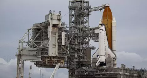 The space shuttle Atlantis, ready for liftoff.