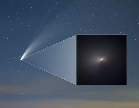 Ở hậu cảnh, một vệt trắng sáng cắt xéo qua bầu trời xanh với những đám mây màu cam bên dưới; hình ảnh Hubble gần đây, một hình vuông màu đen với một vật thể tròn màu trắng đục ở tâm của nó, được chồng lên hình ảnh lớn hơn