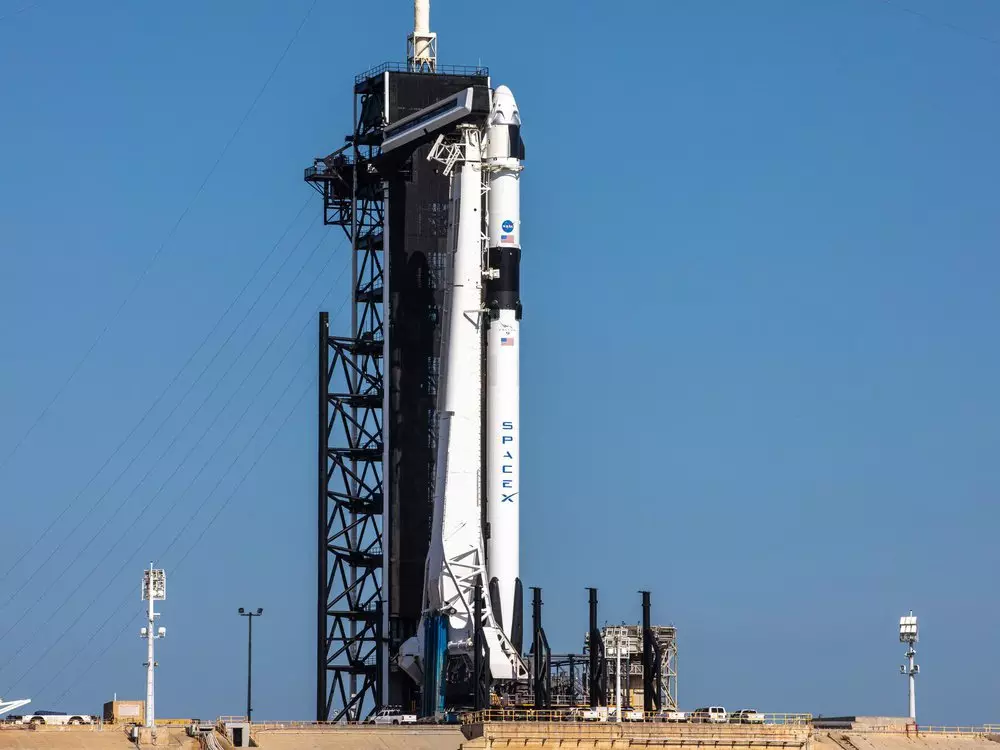SpaceX Falcon 9 rocket at Launch Complex 39A at Kennedy Space Center in the days before the first crewed launch of the Crew Dragon spacecraft.