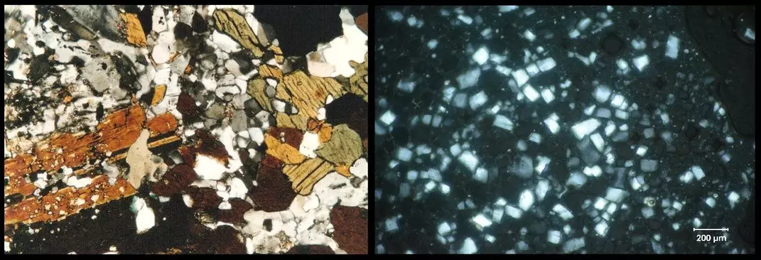 Композитсияи муқоисаи кристаллҳои санг ва ях дар зери микроскоп