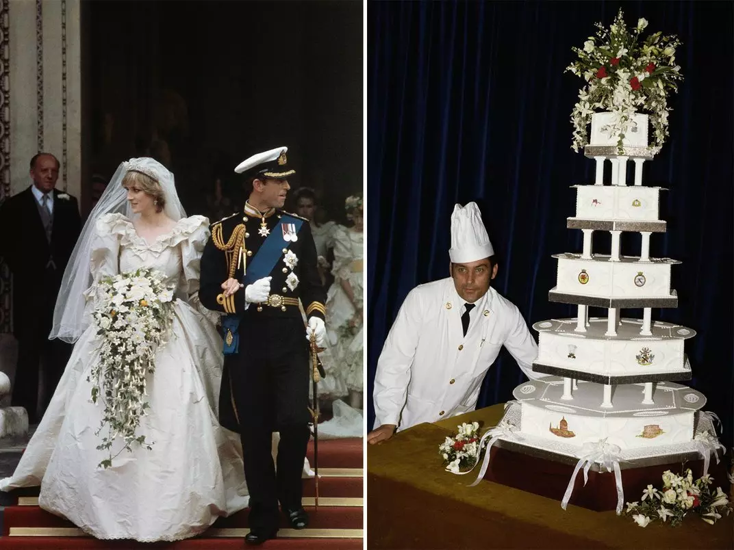 Còn lại, Công nương Diana trong bộ váy cưới tay phồng với một bó hoa lớn, với Thái tử Charles, ngay sau khi kết hôn; đúng rồi, đầu bếp trưởng David Avery tạo dáng bên một chiếc bánh trắng khổng lồ, nhiều tầng