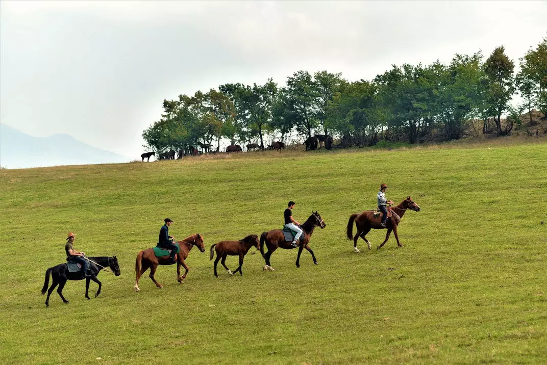 Quatre persones passegen a cavall en fila única per un camp.