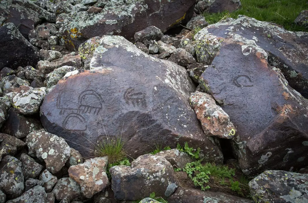 Tallados en roca musgosa de color marrón oscuro hay petroglifos que se asemejan a las primeras ilustraciones de mamíferos.