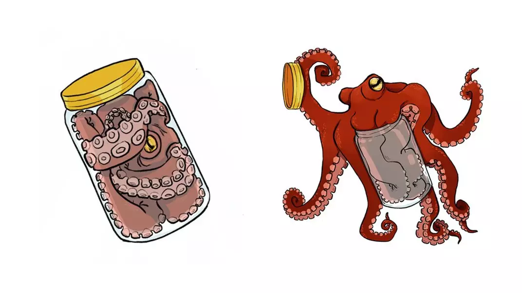 Cartoon eines roten Kraken, der aus einem durchsichtigen Glas mit gelbem Deckel entkommt.