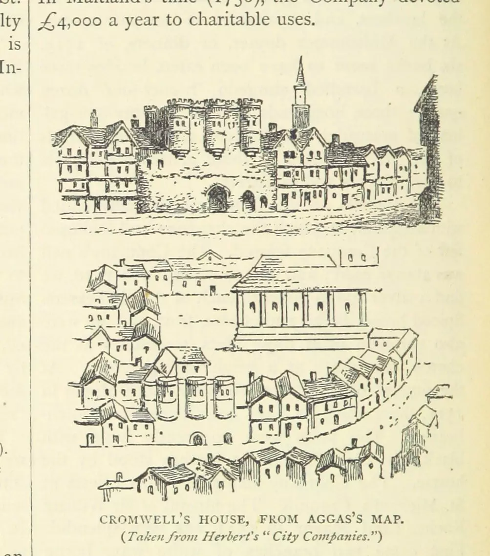 Un mapa do século XVII que representa a casa dos Austin Friars de Cromwell