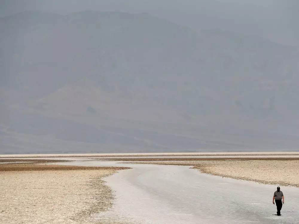 'n Groot uitgestrekte plat, sanderige grond, met die dowwe buitelyn van 'n heuwel wat in die verte styg; een alleenreisiger loop in die onderste regterkantste hoek van die raam, lyk baie klein in vergelyking met die landskap