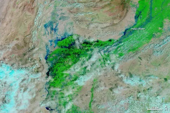 Řeka Indus, zobrazující záplavy, k 13. září 2012