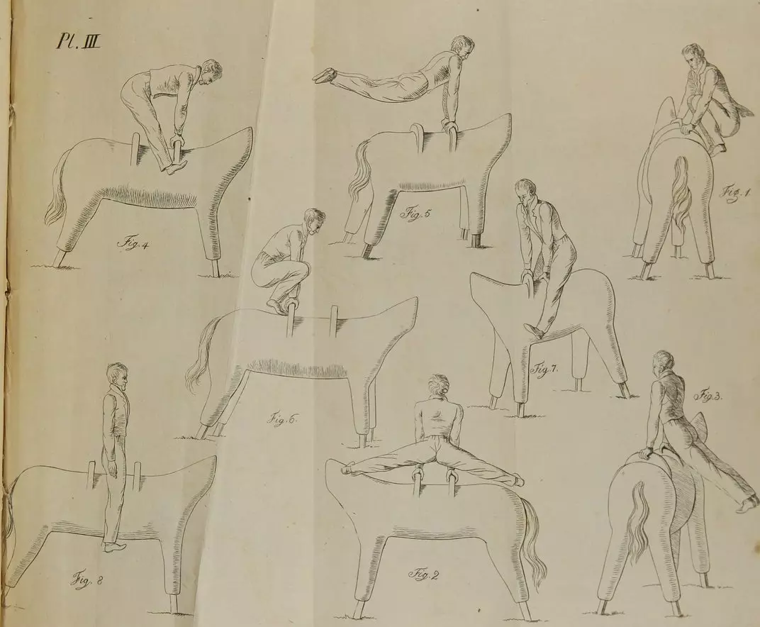 Léaráidí de chleachtaí capall pommel in aistriúchán Béarla ar Jahn's Treatise on Gymnasticks, 1828