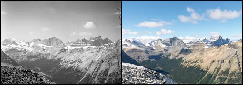 Le montagne nella Siffleur Wilderness Area, Alberta, mostrano cambiamenti nella neve e nel limite degli alberi tra il 1927 e il 2009.