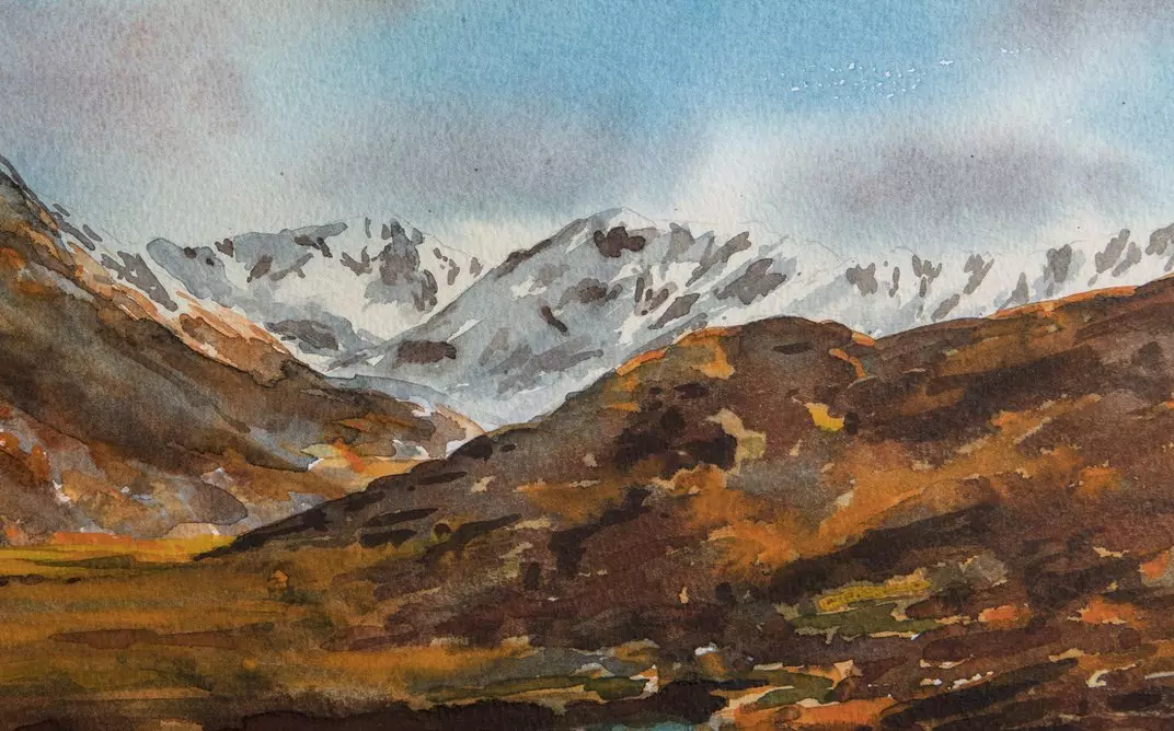 watercolor painting ng snowcapped mountains