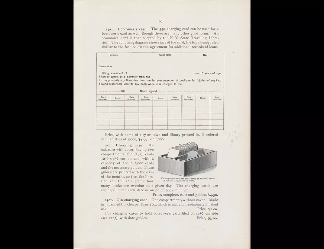Ilustrasi katalog perdagangan slip biaya perpustakaan dan kasing.