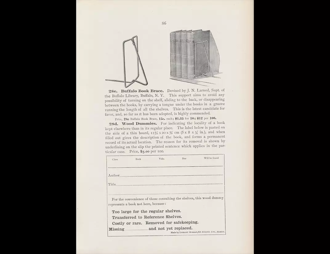Tirdzniecības kataloga ilustrācija grāmatu kronšteiniem un grāmatām uz plaukta un plaukta piezīmju kartīte.