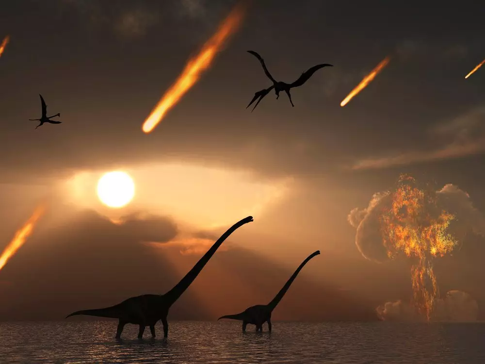 Ilustraĵo de artisto de asteroidoj falantaj al la Tero mortigante la dinosaŭrojn