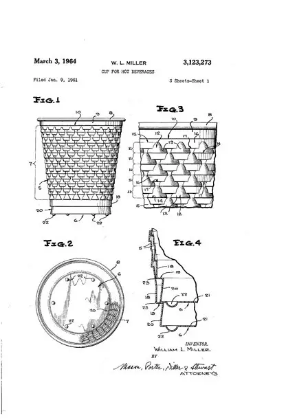 Fe wnaeth un o ragflaenwyr Sorensen ffeilio patent ar gyfer y cwpan hwn i ddal diodydd poeth.