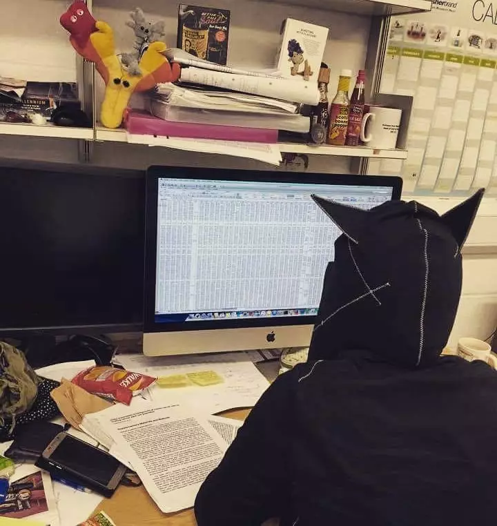 A person sitting at a desk looking at data on a computer.