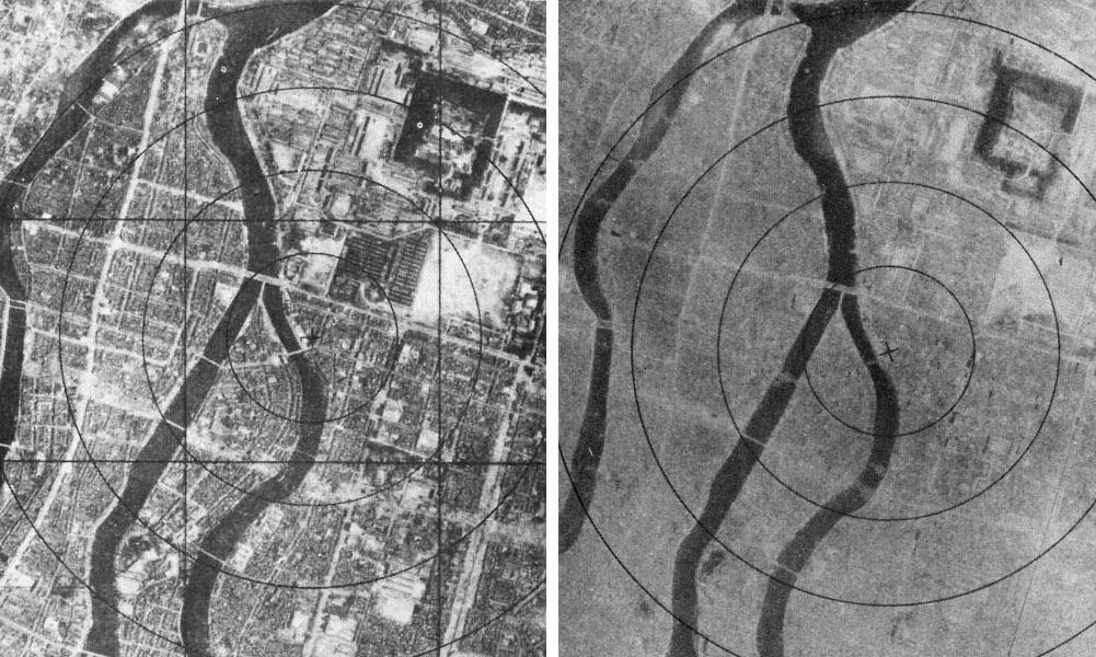 Bombalamadan önce ve sonra Hiroşima'nın havadan görünümü