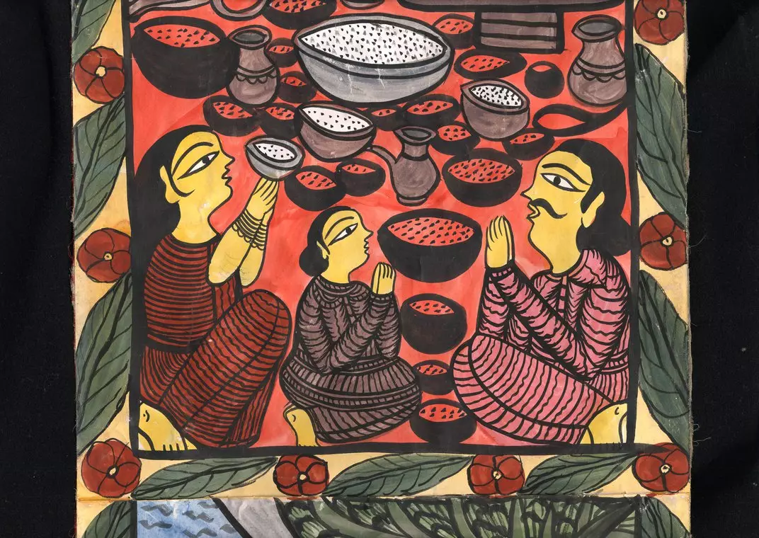 Pintura de desplazamiento que representa a personas arrodilladas junto a la cerámica.