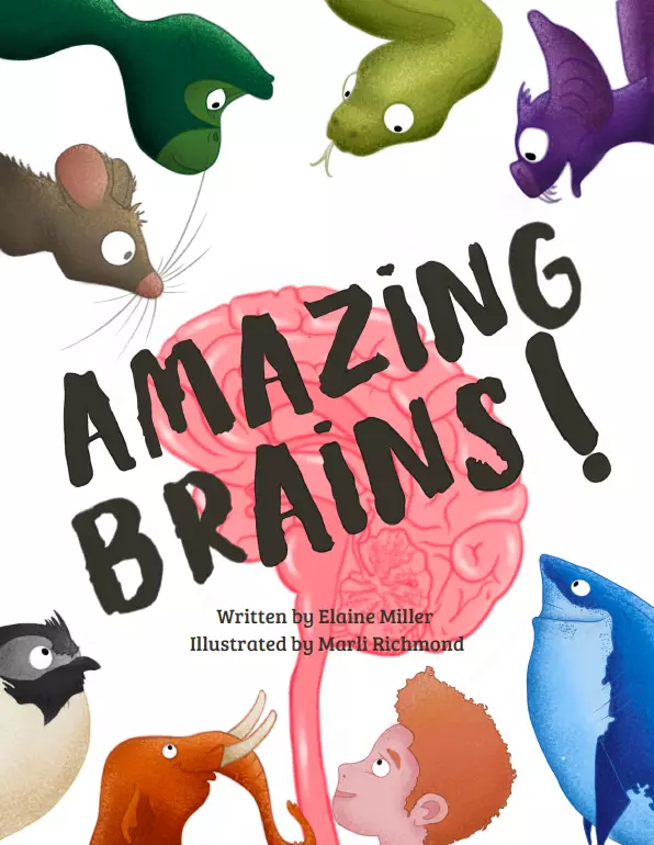 Una portada de libro con Amazing Brains en marrón sobre un cerebro rosa y animales coloridos.