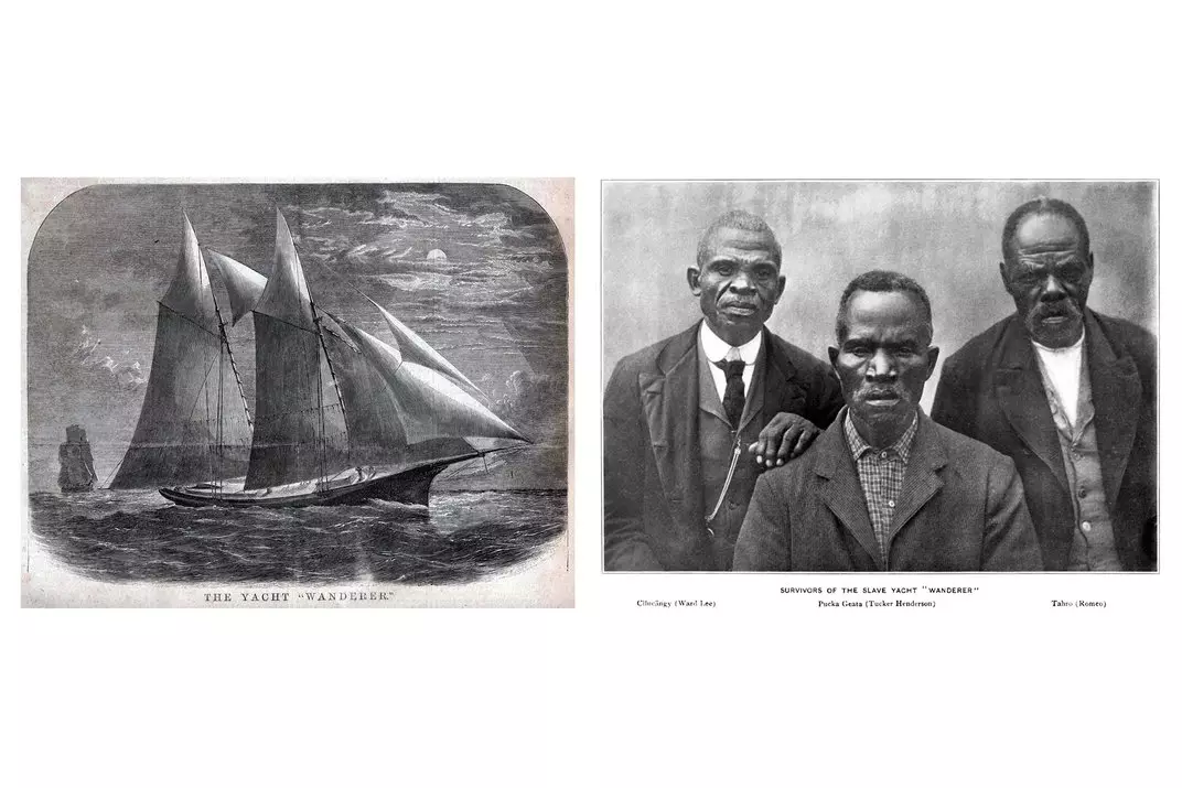 Hagu: Hoton tawada na jirgi a teku, tare da babban mastayi biyu. Rubutu a ƙasa yana karanta THE YACHT “WANDERER. A hannun dama: Hoton fari-baki da fari na maza uku sanye da riguna masu kyau da riguna, ɗaya da hannunsa yana kan kafadar wani.