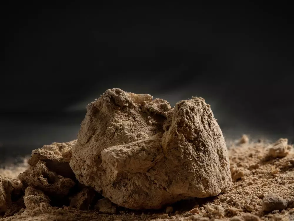 Detailní snímek hnědé hrudky, která připomíná kámen pokrytý prachem