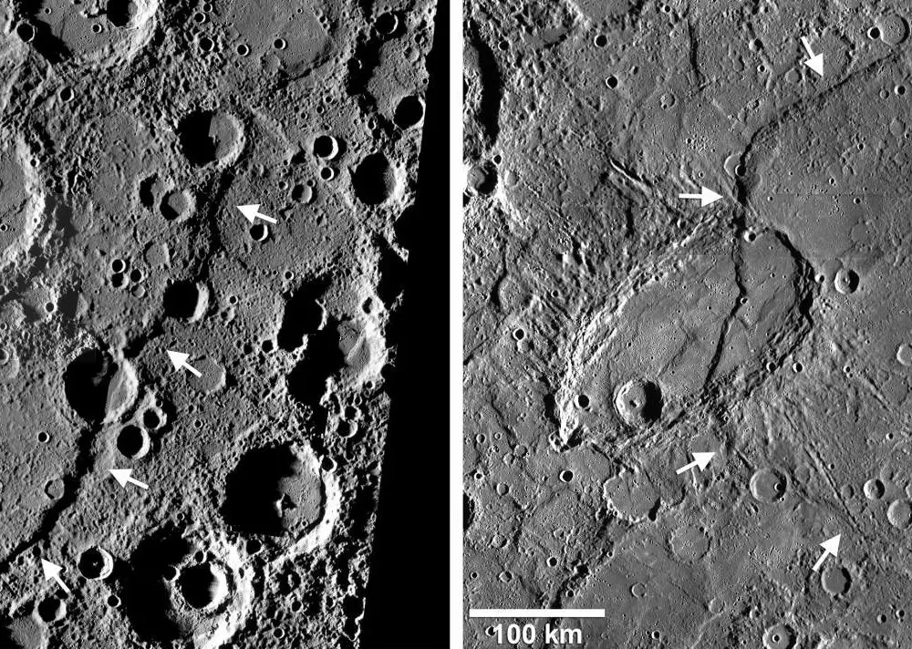 Dues escarpes de falla d'empenta lòbuls prominents a Mercury, Discovery Rupes i Beagles Rupes, imatges del Mercury Dual Imaging System (MDIS) a la nau espacial MESSENGER. El Discovery Rupes (esquerra), anomenat així pel vaixell HMS Discovery, que es mostra aquí en un mosaic d'imatges d'angle d'incidència MDIS, va ser fotografiat per primera vegada pel Mariner 10 a mitjans dels anys setanta. Beagle Rupes (dreta), una escarpa de falla en forma d'arc, es va fotografiar inicialment durant el primer sobrevol de MESSENGER.