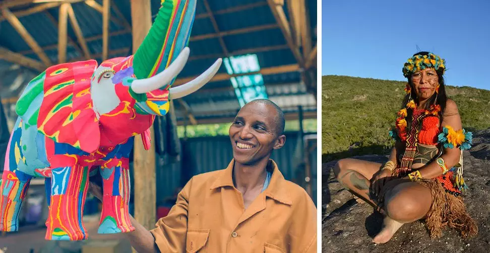 Duas imagens lado a lado: à esquerda, um homem segura uma estátua de um elefante multicolorido maior que seu torso. À direita, uma mulher com colar e braçadeiras de contas, tiara e braçadeiras florais e tatuagens ou pinturas nas pernas, abdômen e rosto