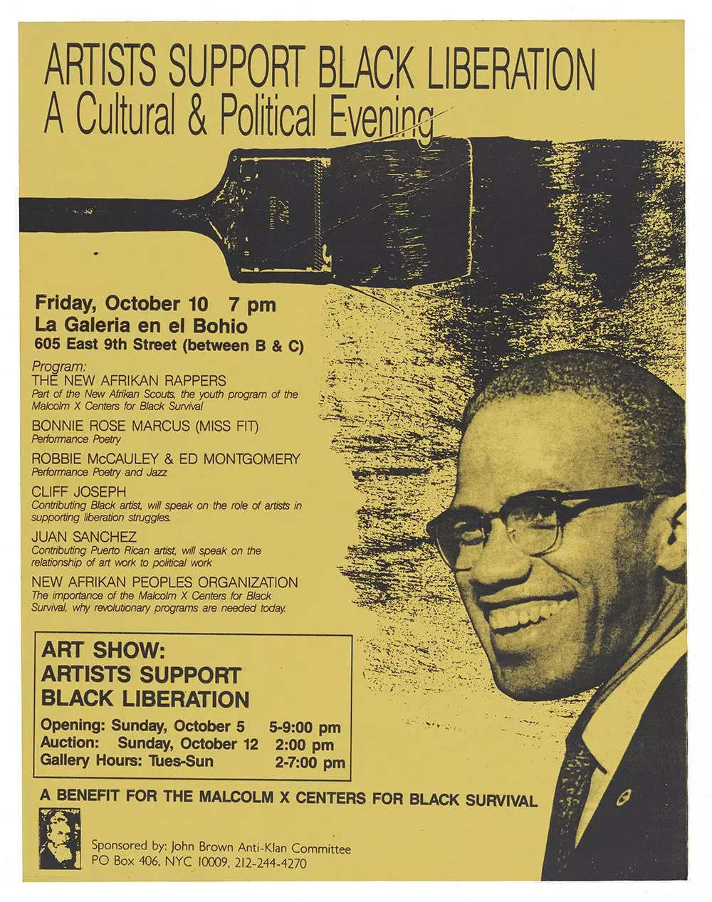 Ulotka z tekstem i grafiką pędzla tworzącego ślady farby oraz Malcolm X, wydrukowana czarnym tuszem na jasnożółtym papierze.