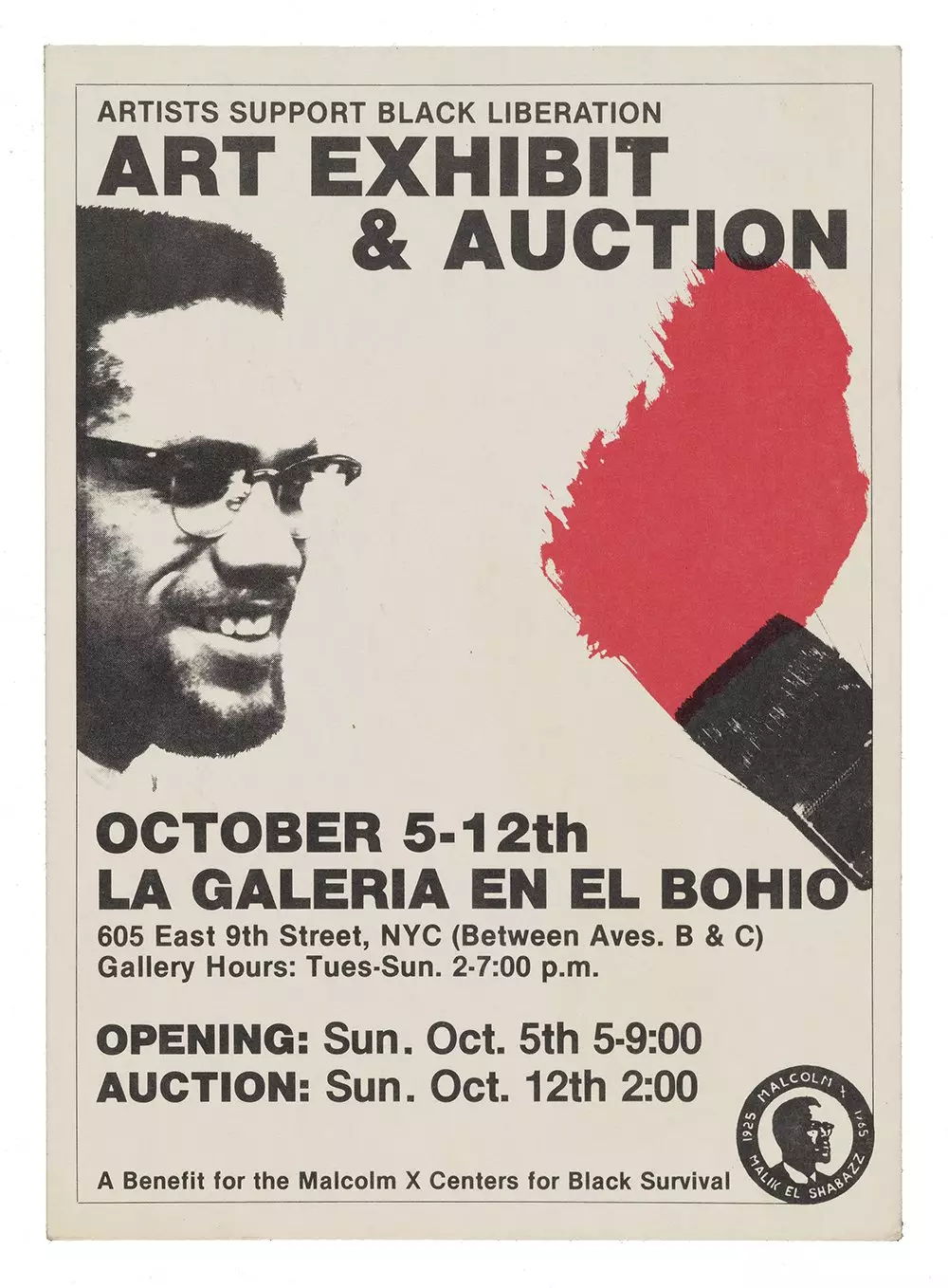 Posterê bi nivîsa reş û grafikên Malcolm X û firçeyek reş ku nîşaneyên sor çêdike.