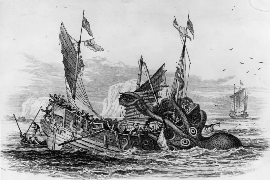 1650 年神话中的海妖吞噬一艘船的插图
