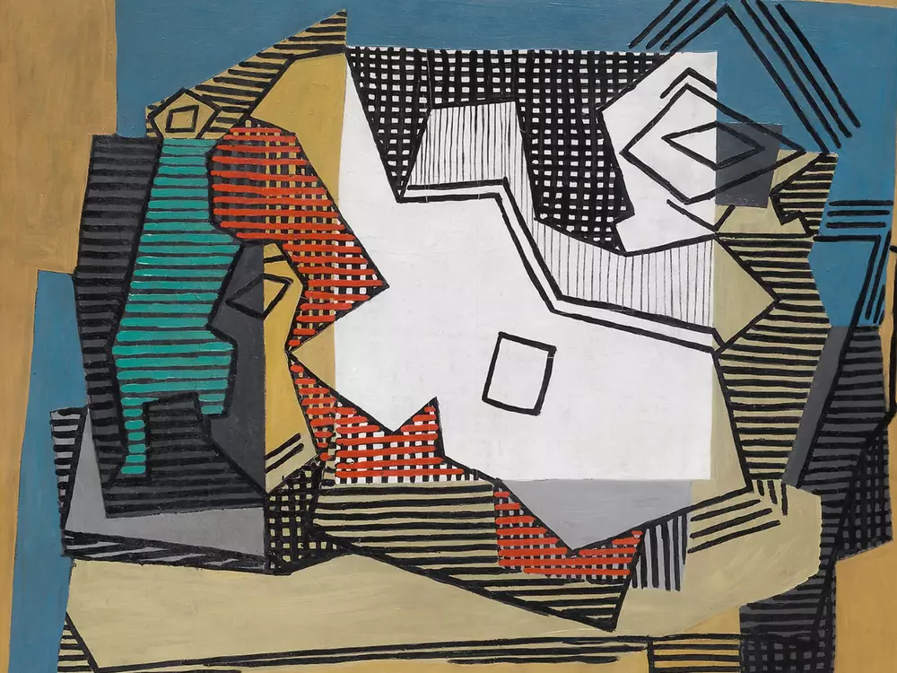 Picasso's 'Still Life' hat de wite omtrek fan in gitaar yn it sintrum, mei abstrakte, lineêre foarstellings fan in wynfles en in lytse kom oan beide kanten, allegear ôfbylde út in fûgelperspektiv