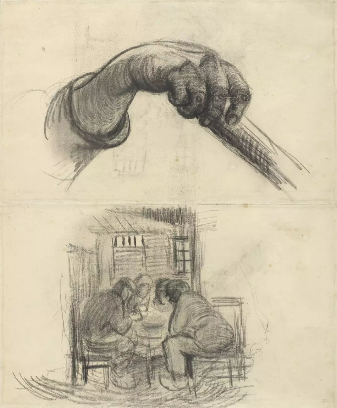 ونسنٹ وان گوگ، ایک چھڑی کے ساتھ ہاتھ، اور چار لوگ کھانا بانٹ رہے ہیں، مارچ-اپریل 1885، کاغذ پر چاک