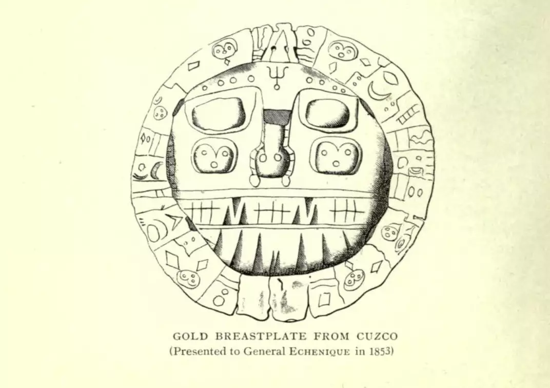 Versi anu dicitak tina sketsa plak anu digambar ku tangan, kalayan shading sareng detil, anu berbunyi di handapeun BREASTPLATE EMAS FROM CUZCO sareng Ditunjukkeun ka General Echenique di 1853