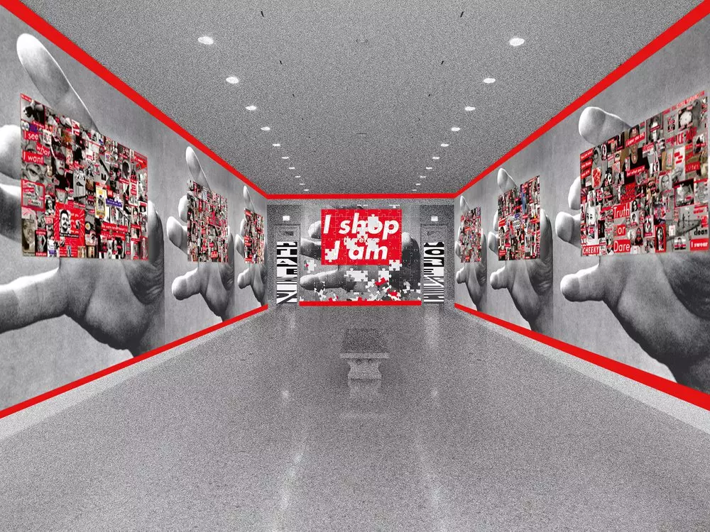 Uma vista de instalação de um longo corredor com pisos cinza, paredes delineadas em vermelho