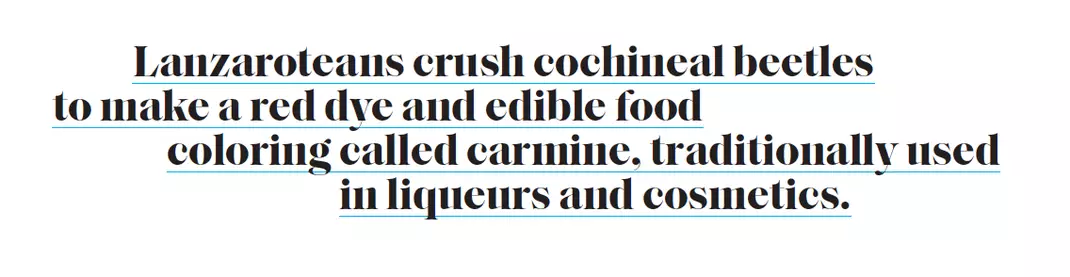 Lanzaroteans cochineal beetles کي ڳاڙهي ڳاڙهي رنگ ۽ کاڌ خوراڪ جو رنگ ٺاهڻ لاءِ ڪارمين سڏيو ويندو آهي، روايتي طور تي شراب ۽ کاسمیٹکس ۾ استعمال ٿيندو آهي.