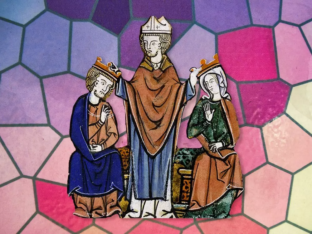 Ilustrație a încoronării lui Melisende și Fulk pe un fundal cu vitralii