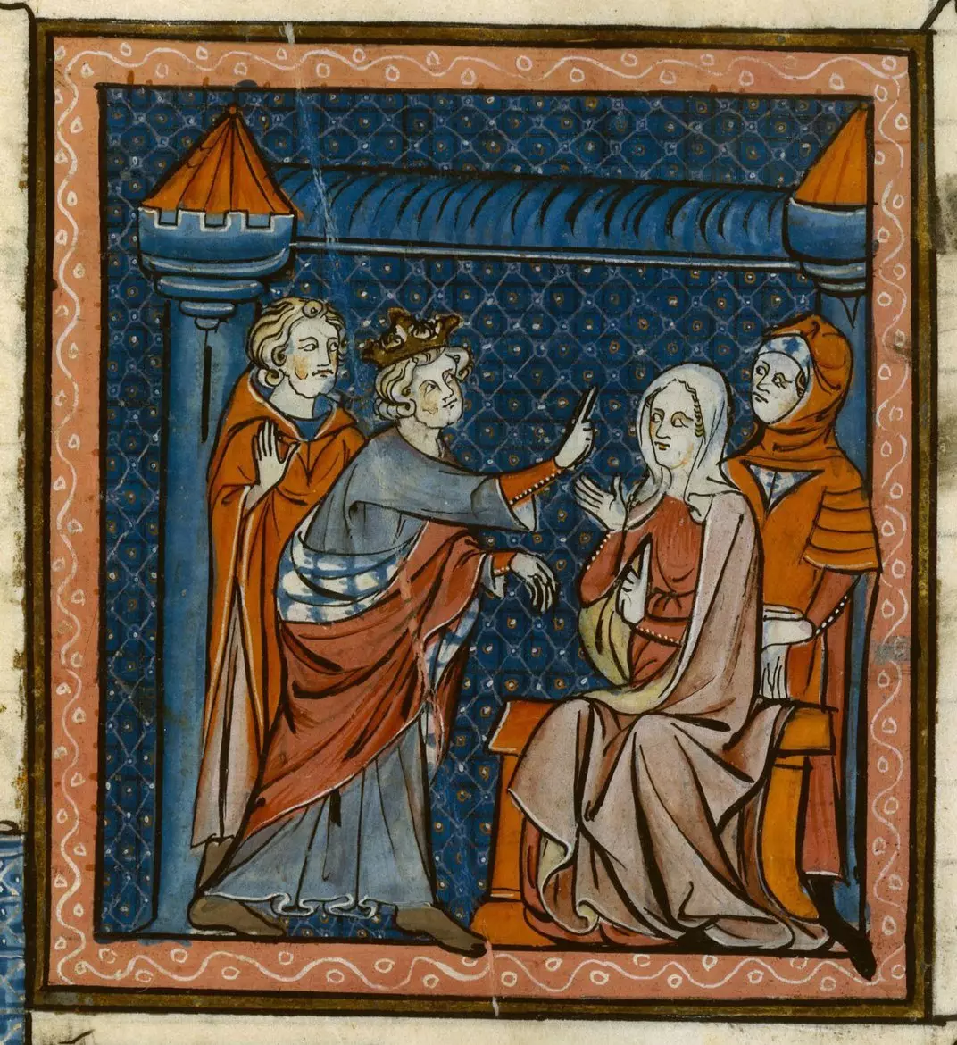Ilustrasi kecil Baldwin III memberi syarahan kepada ibunya, Melisende