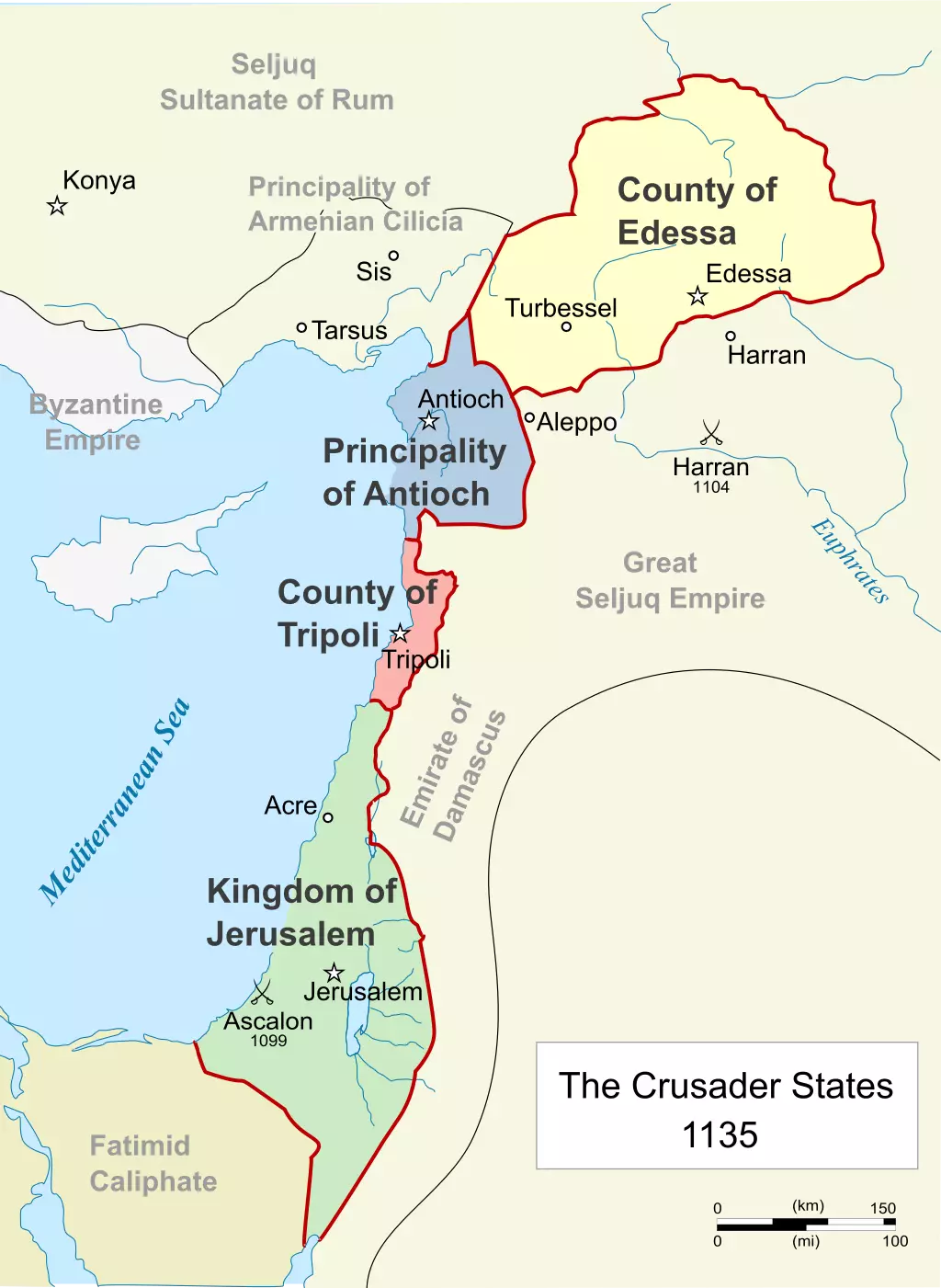 Mapu akuwonetsa mayiko a Crusader mu 1135